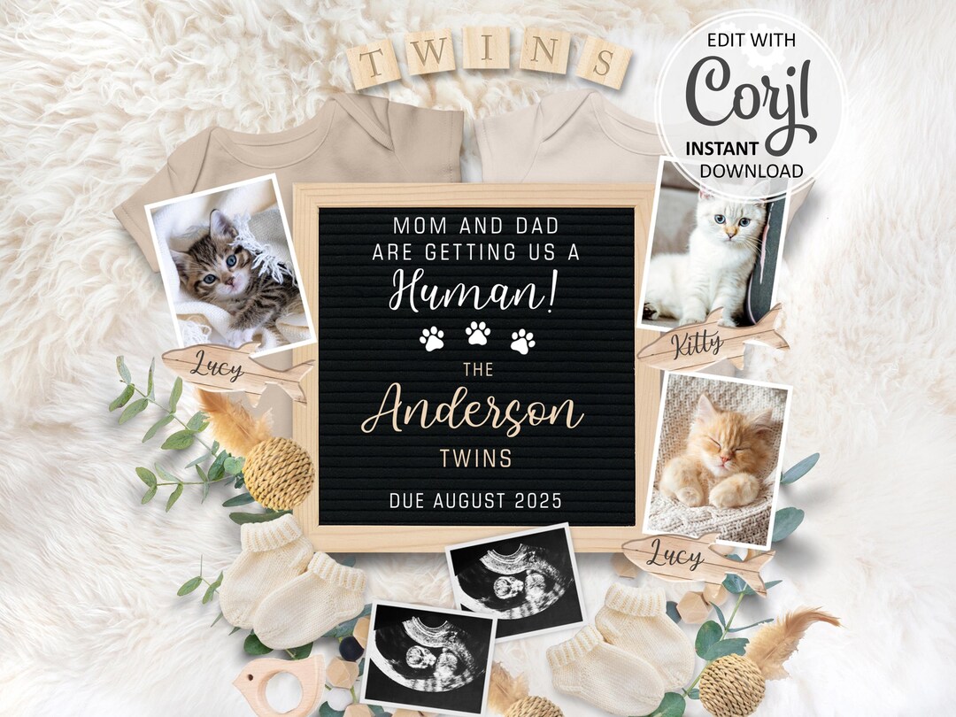 Cat Pregnancy Announcement Digital Card, Twins Baby Announcement Pet ...