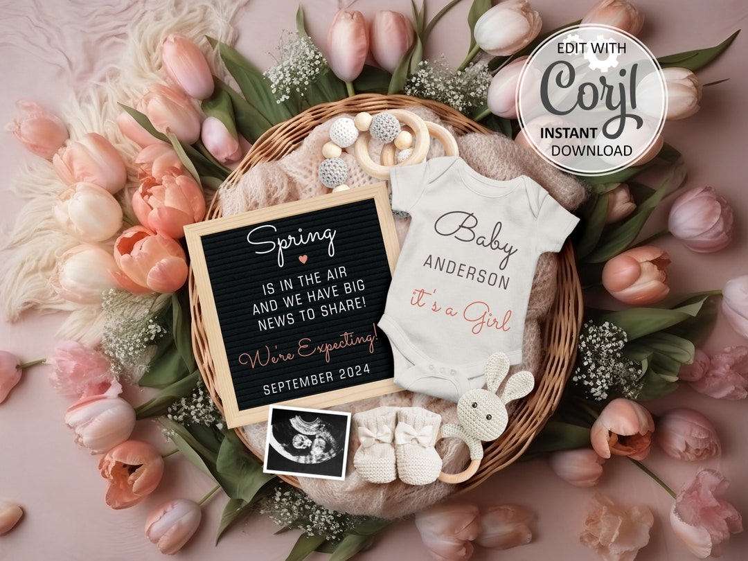 Spring Girl Pregnancy Announcement Digital, It's a Girl Gender Reveal ...