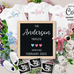 Boy Girl TRIPLET Announcement Digital Pregnancy, Triplets Onesies ...