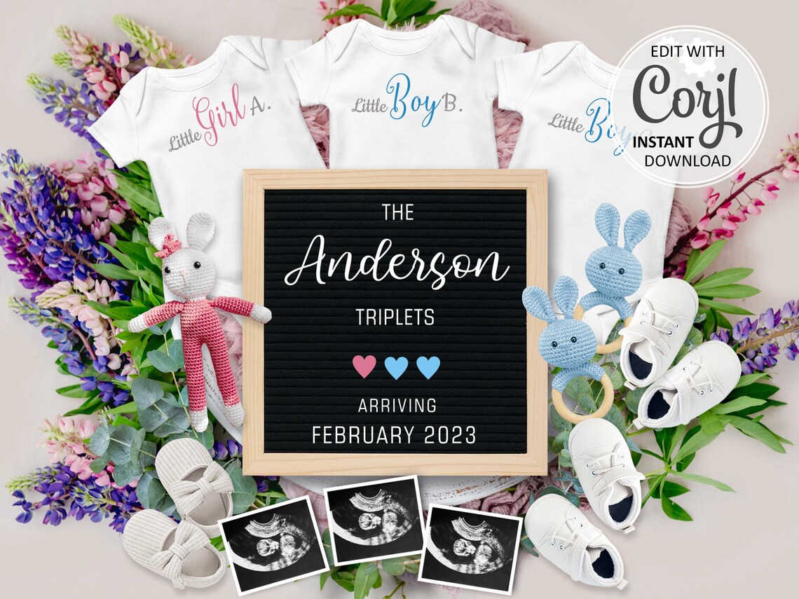 Boy Girl TRIPLET Announcement Digital Pregnancy, Triplets Onesies ...