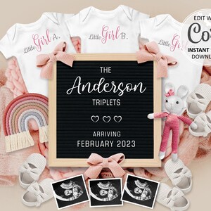 Girl TRIPLET Announcement Digital Pregnancy, Rainbow Triplets Onesies ...