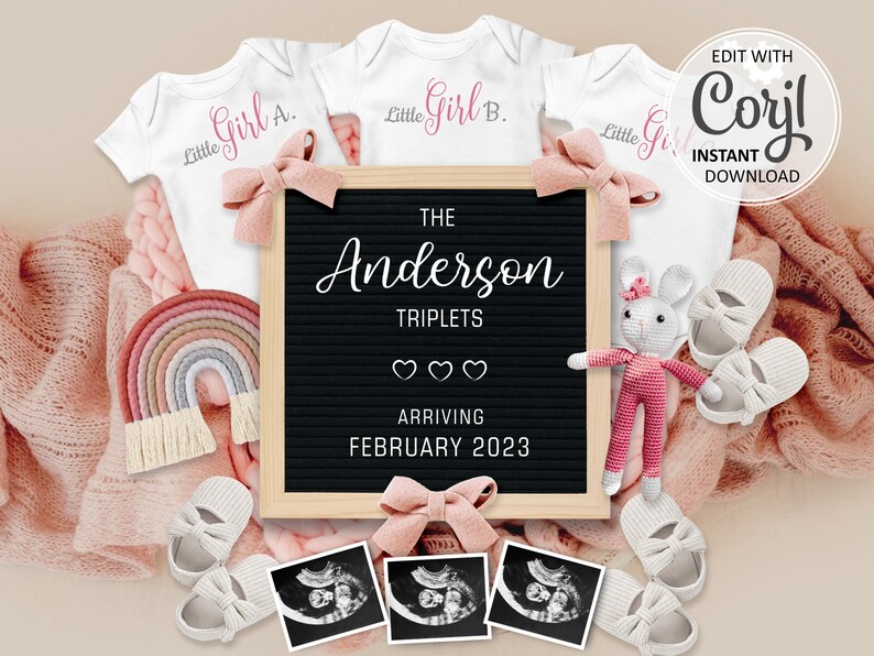 Girl TRIPLET Announcement Digital Pregnancy, Rainbow Triplets Onesies ...