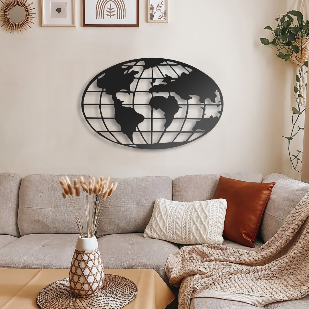 World Map Metal Wall Art, Unique World Map Wall Decor for Living Room ...