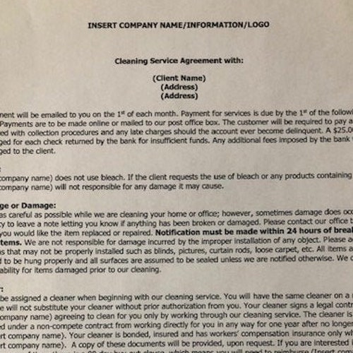 Cleaning Business Form One Time Cleaning Agreement - Etsy