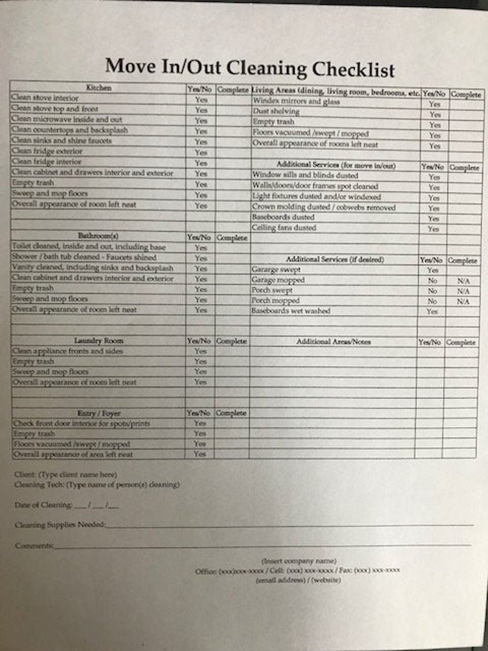 Cleaning Business Form- Move In/out Checklist - Etsy
