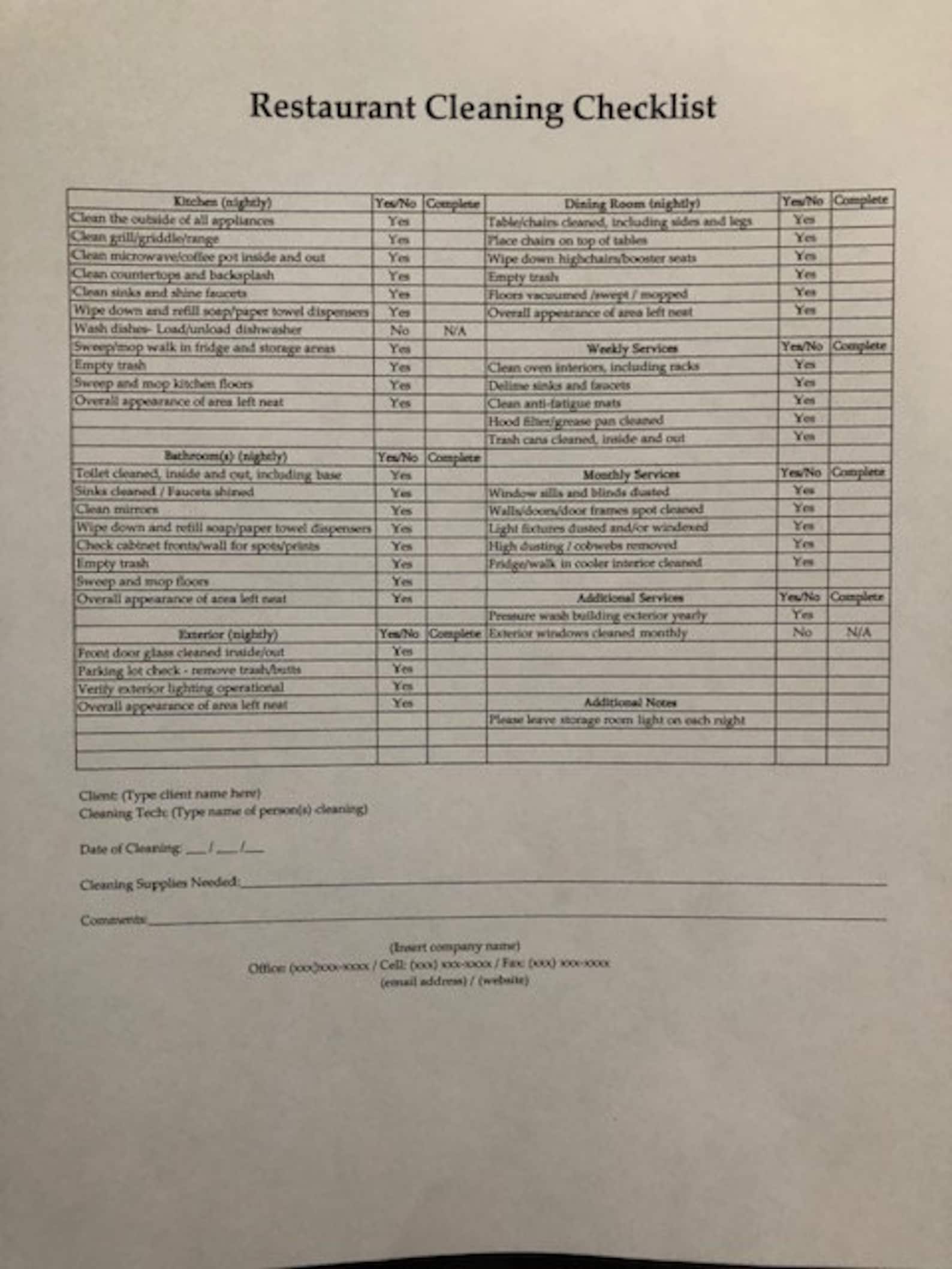Cleaning Business Form- Restaurant Cleaning Checklist - Etsy