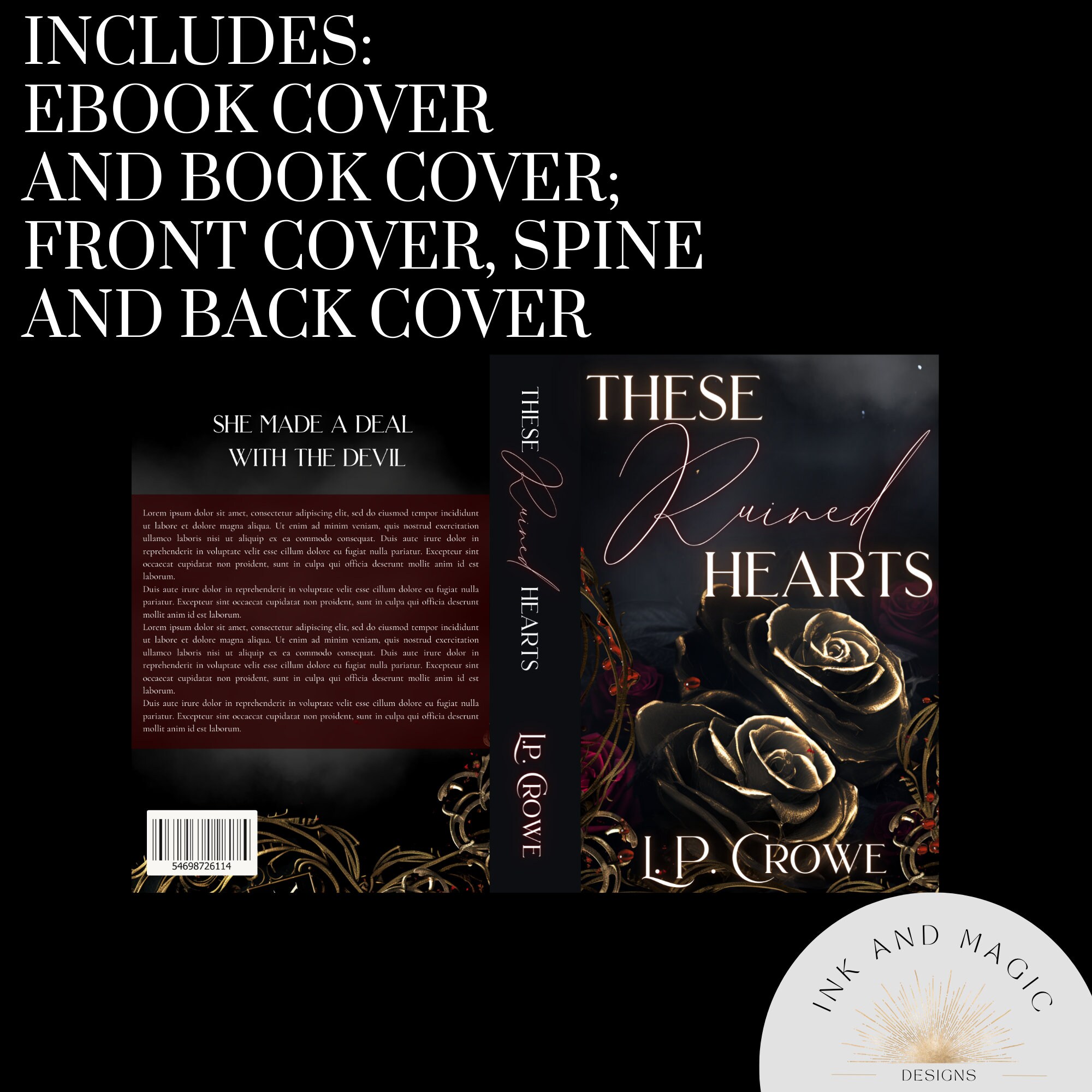 Customisable Book Cover Design | Pre-made Dark Romance Golden Rose ...