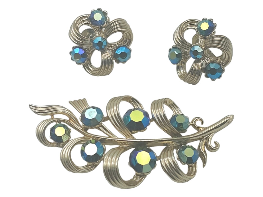 Lisner Vintage Jewelry Designer Earring Brooch Set Blue AB Rhinestone ...
