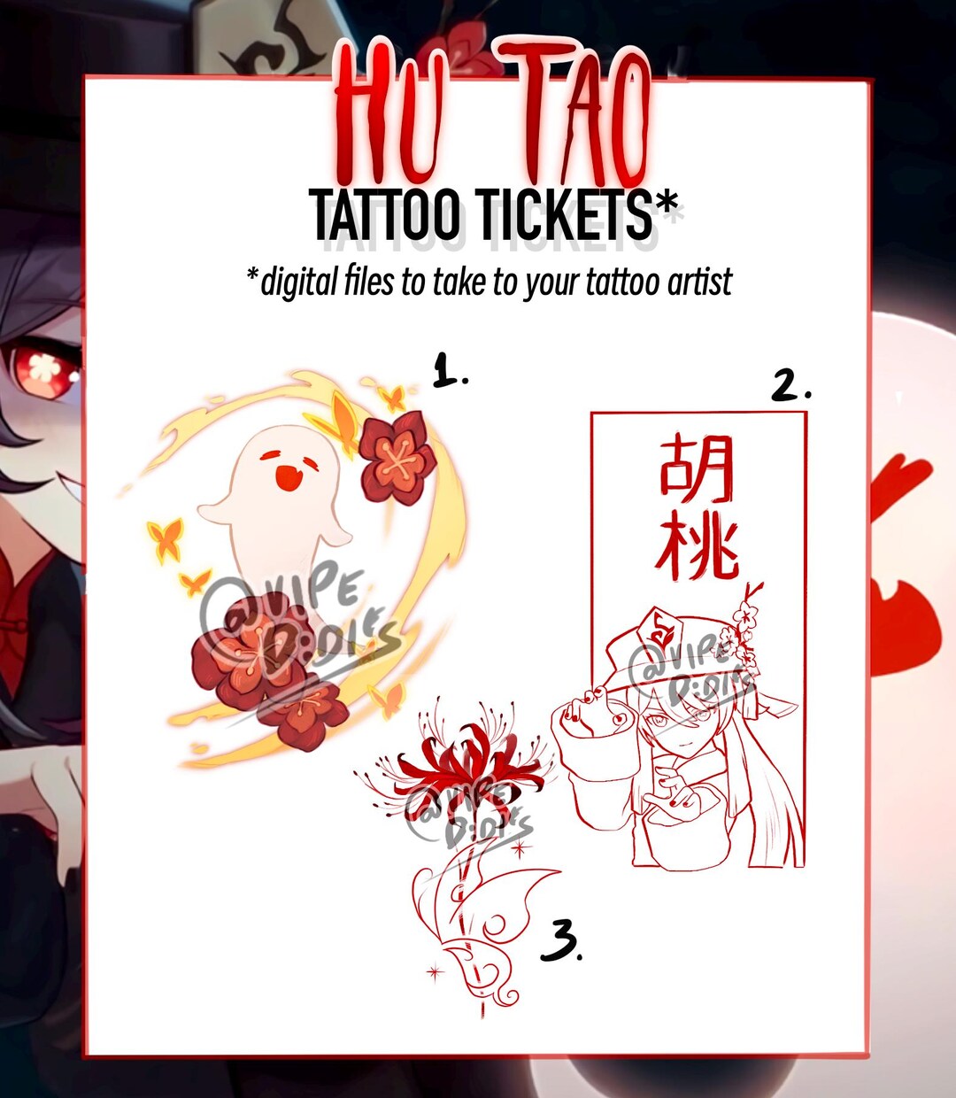 Hu Tao Tattoo Designs DIGITAL FILES - (genshin Impact) - Etsy