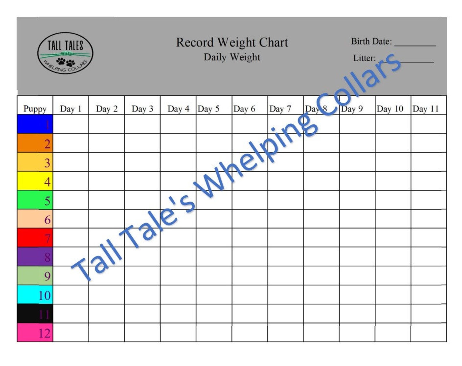 Tall Tale's Record Keeping Charts for Breeders, Whelping, Weights Ect ...