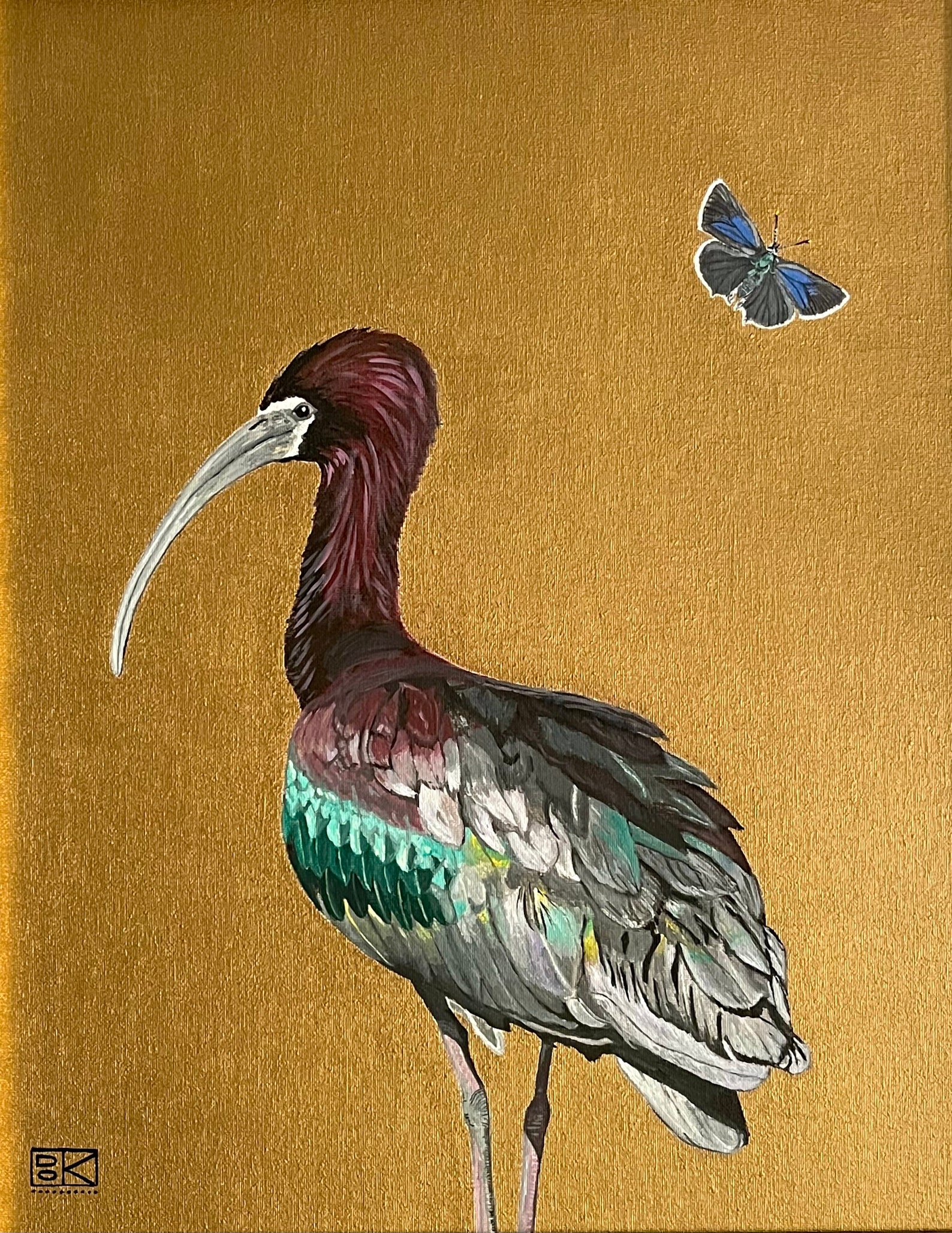 Large Original Oil Painting of a Glossy Ibis and Purple Hairstreak ...