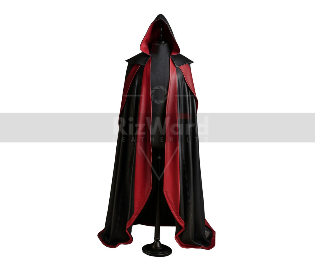 Black & Red Leather Hooded Cloak Leather Medieval Cloak for Cosplay ...