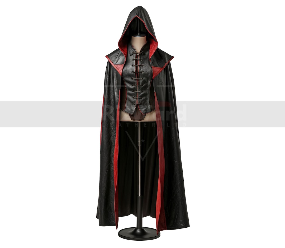 Handmade Leather Hooded Cloak: Black & Red Medieval Cosplay Costume - Etsy