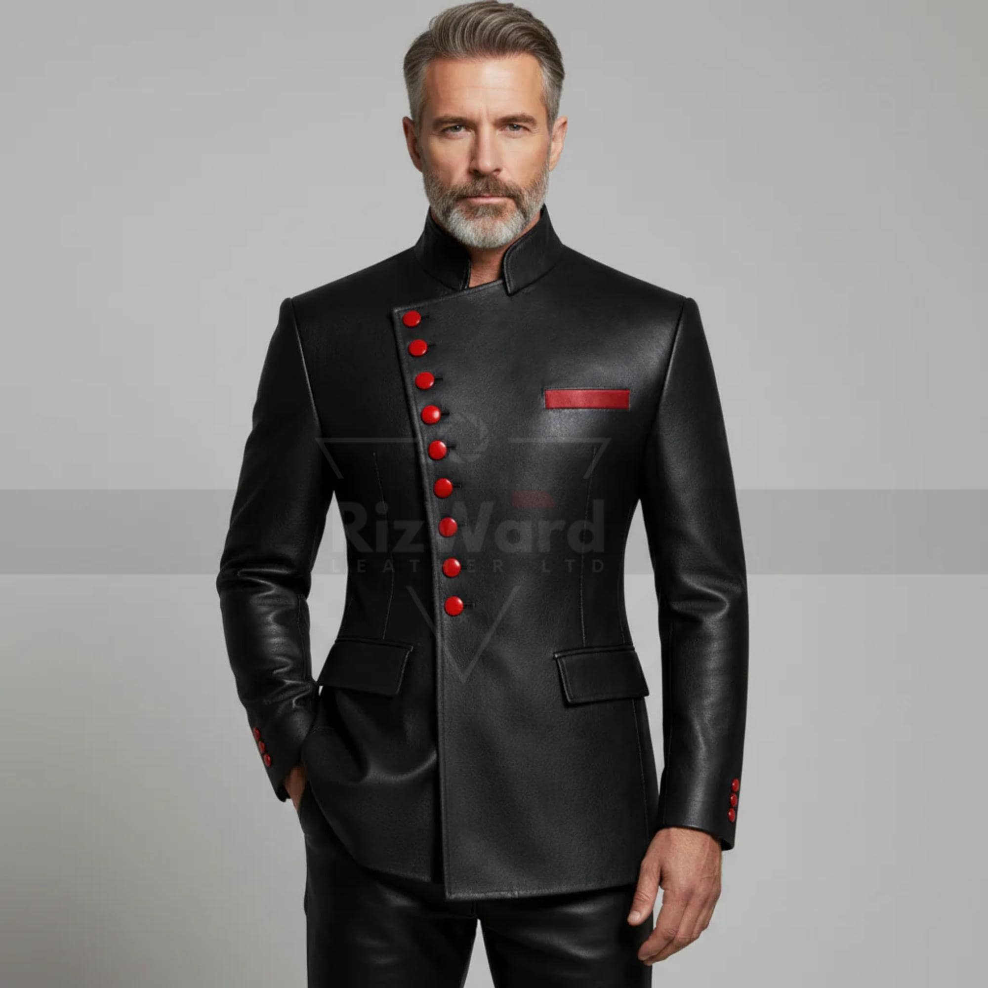 Men’s Black Leather High Collar Blazer | Red Button Gothic Military ...