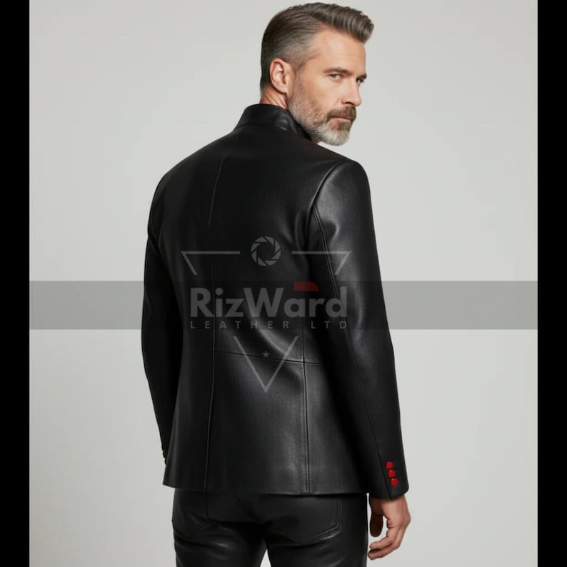 Men’s Black Leather High Collar Blazer | Red Button Gothic Military ...
