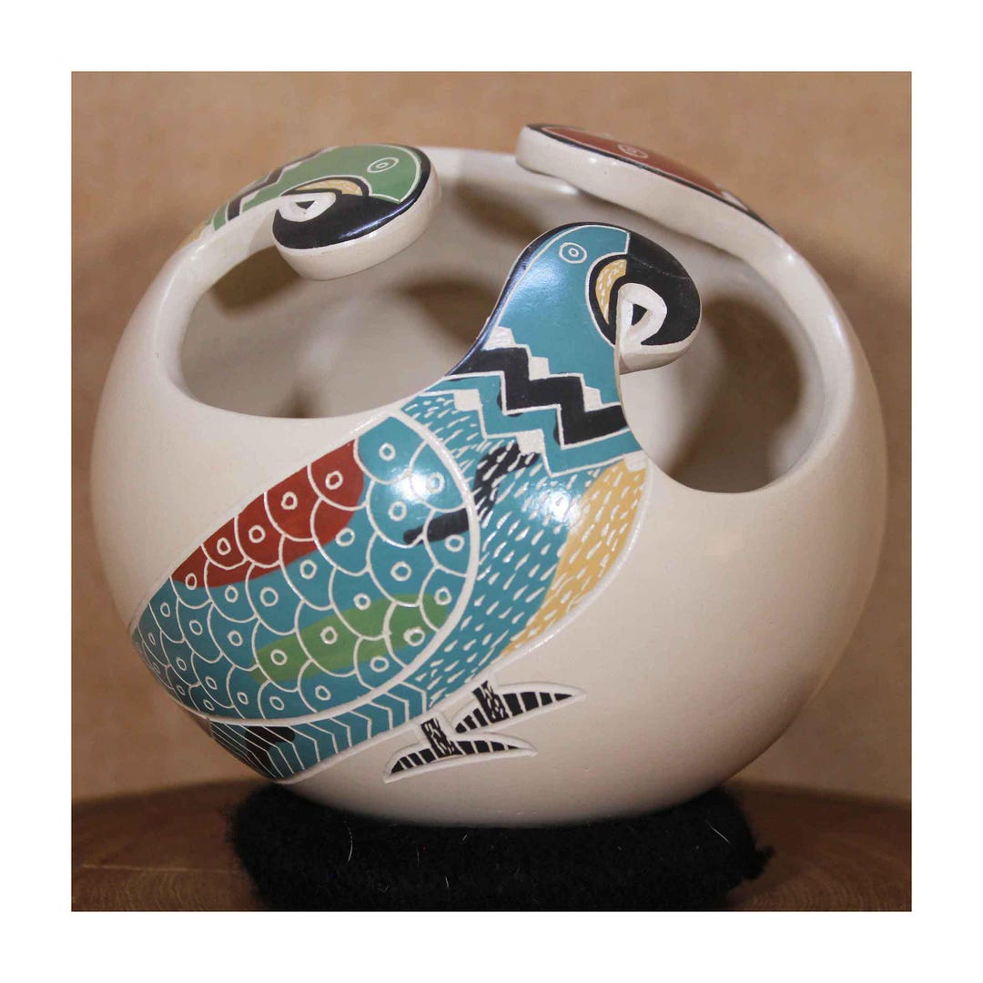 Mata Ortiz Pot Mexican Pottery 3 Painted 3-D Parrots Handmade Chihuahua ...