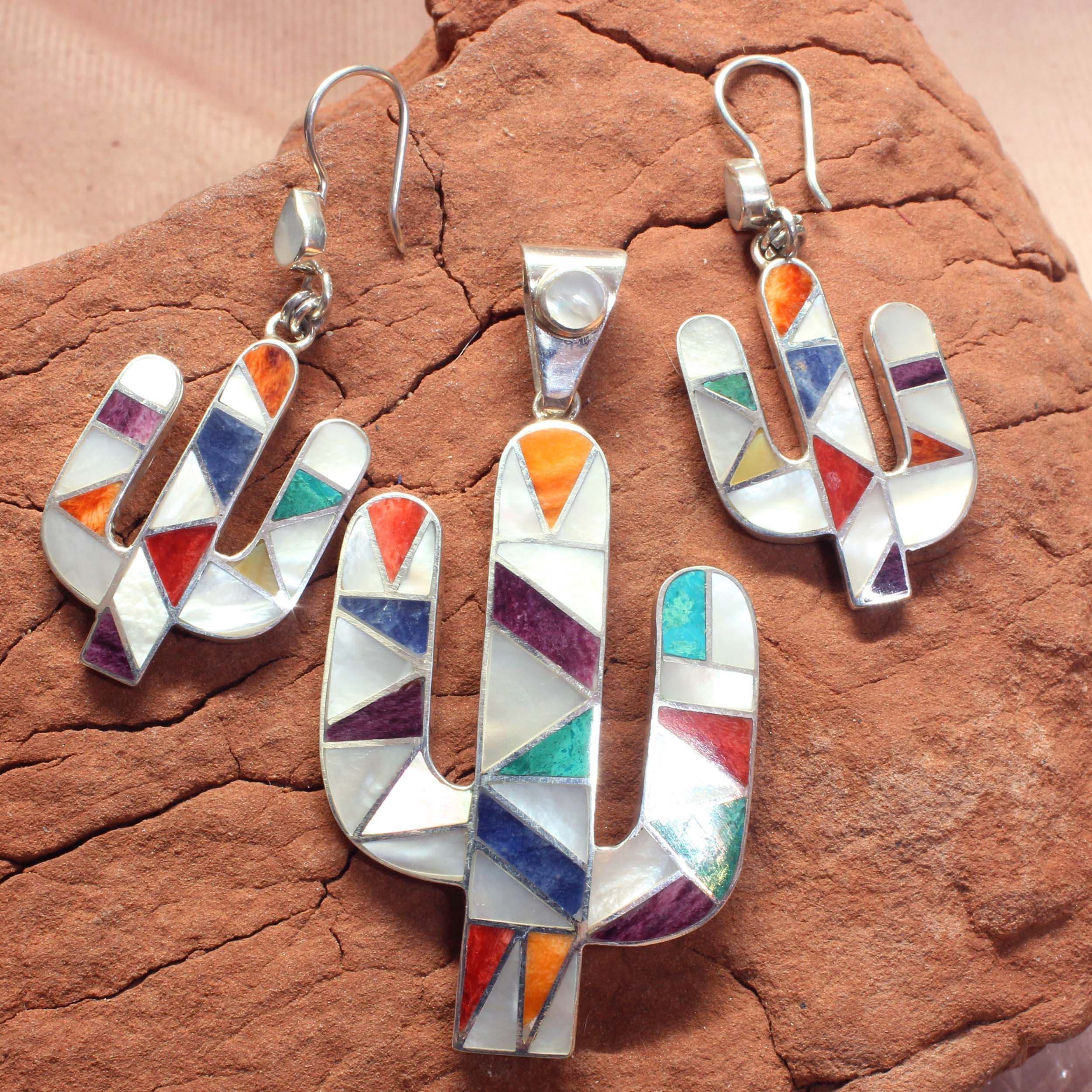 Inca Heritage Cactus Jewelry Set, Sterling Silver, Gemstone Inlay - Etsy