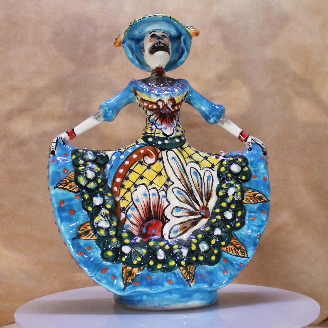 Catrina Bailarina Talavera Blue Hat Dress Dancing Dia De Muertos Señora ...