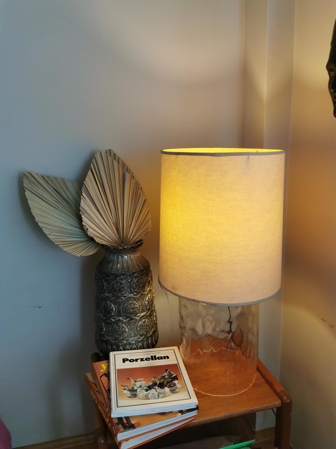 Vintage Anthony's Art Design Table Lamp: Embossed Glass, Brass Details ...