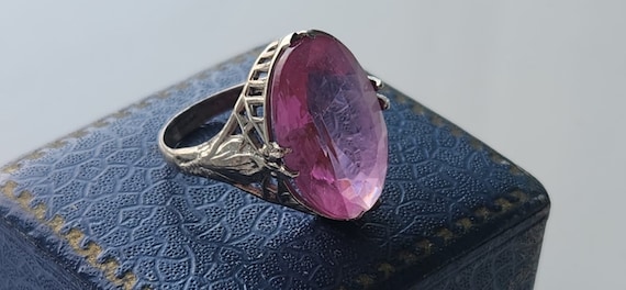 1920s cocktail ring sterling large pink stone - Gem