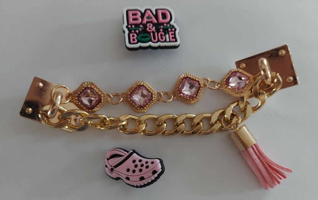 Croc Shoes Gold Chain With Pink Diamonds, Bad Boogie Sign and Pink Croc ...