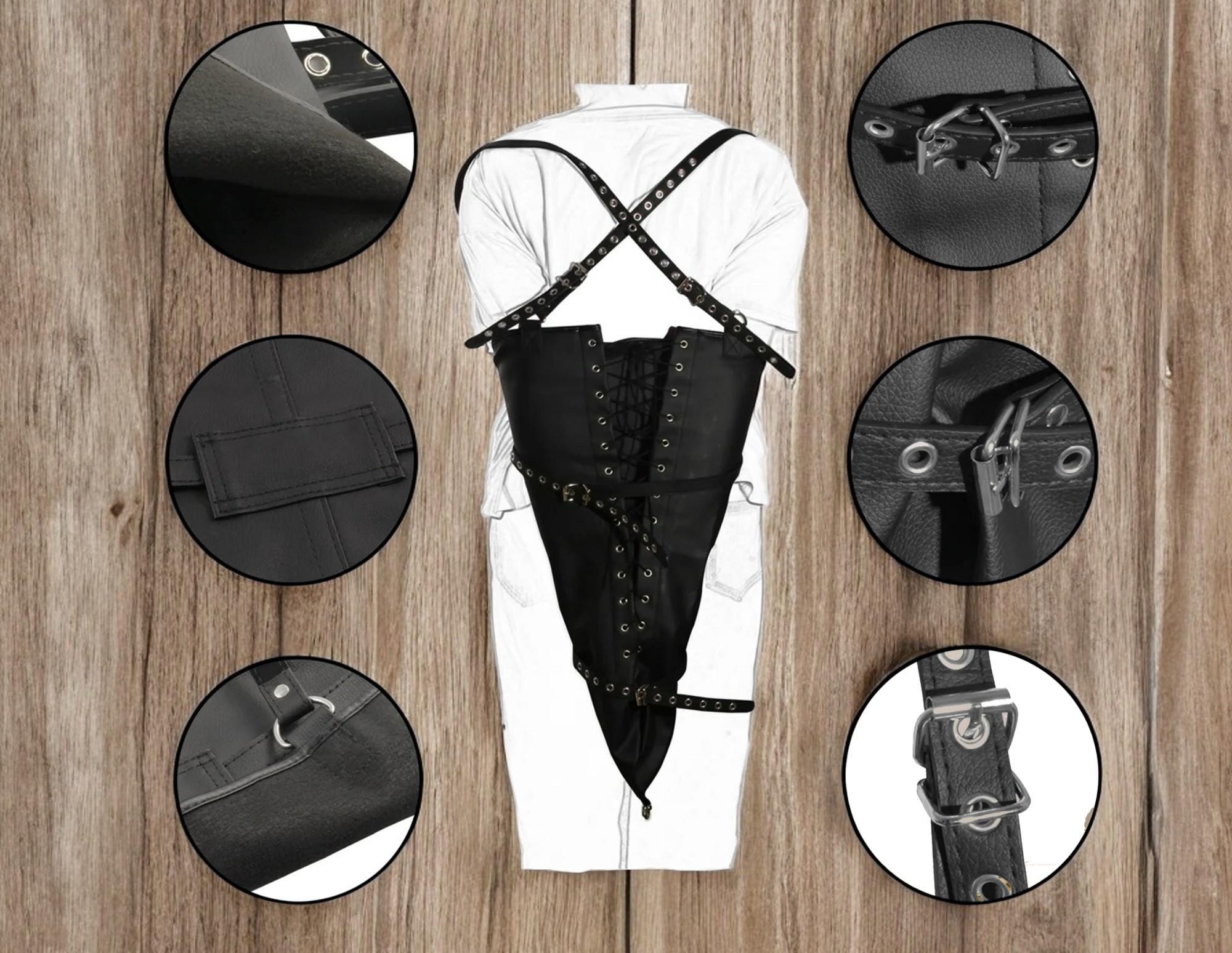 BDSM Restraint Adjustable Leather Back Bondage Armbinder Wrist Cuffs ...