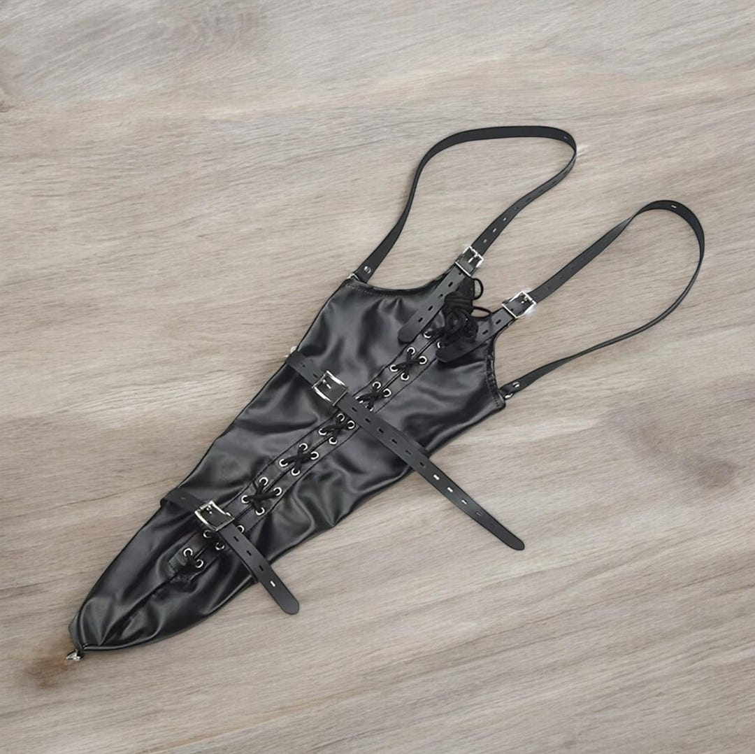 BDSM Restraint Adjustable Leather Back Bondage Armbinder Wrist Cuffs ...