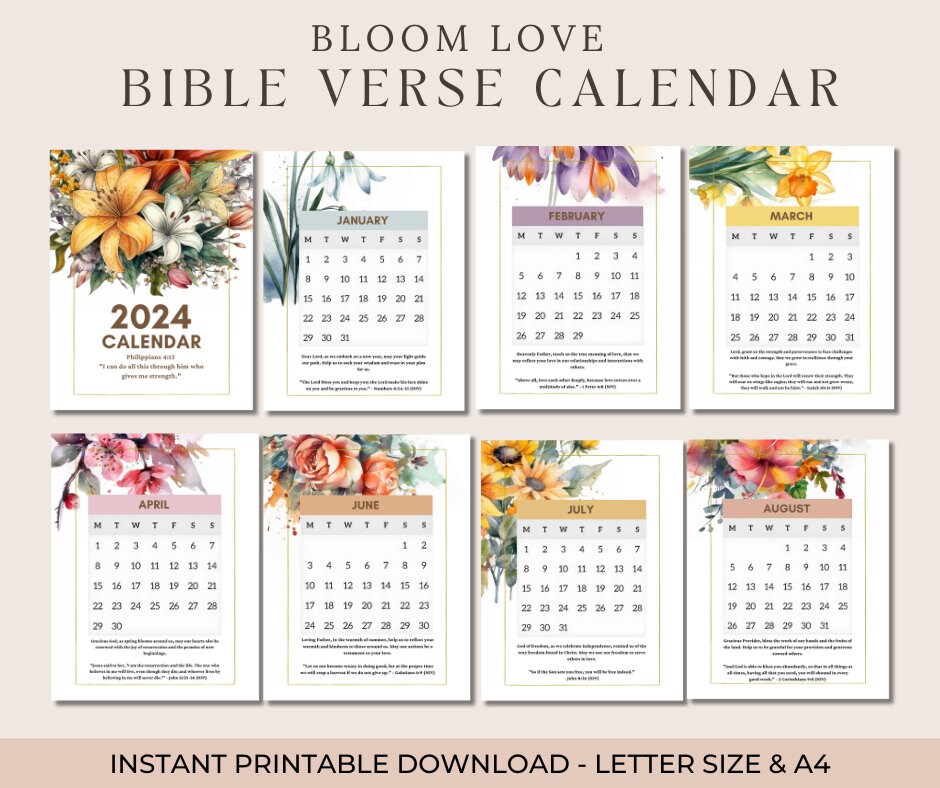 2024 Calendar Floral, Printable Monthly, Bible Verse, US A4 and Letter ...
