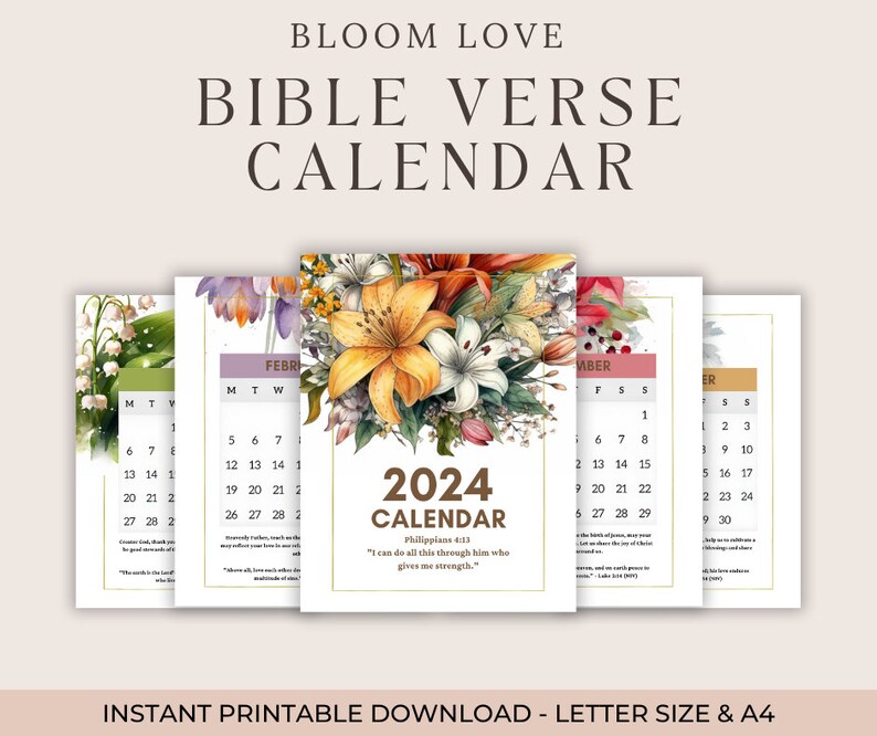2024 Calendar Printable , Floral Monthly, Bible Verse, US A4 and Letter ...