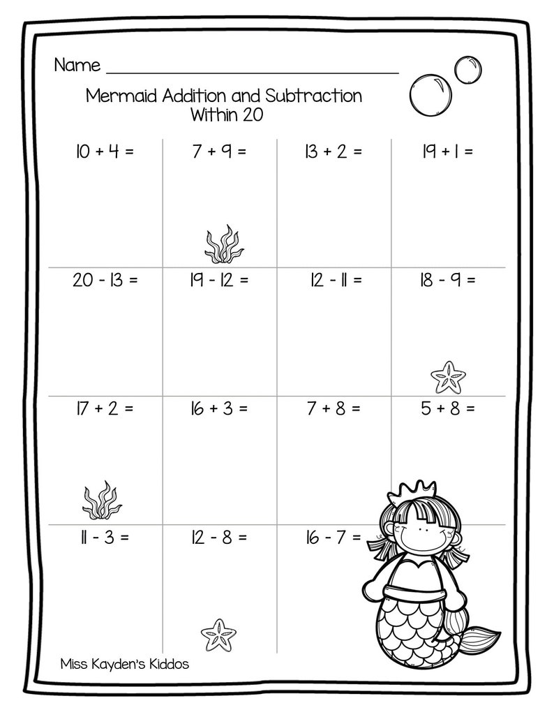 Printable Mermaid Addition and Subtraction Within 20 | Etsy