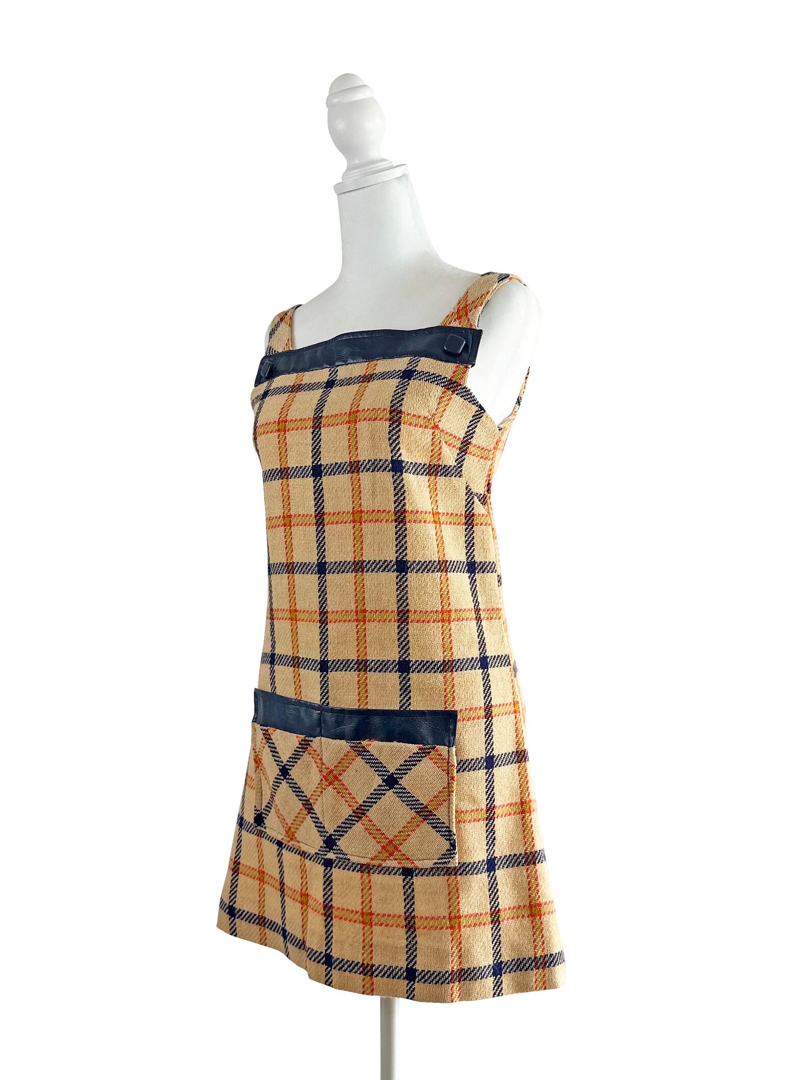 1960s Vintage Judy Bee Mod Overall Micro Mini Dress | 60s Tan Blue Red ...