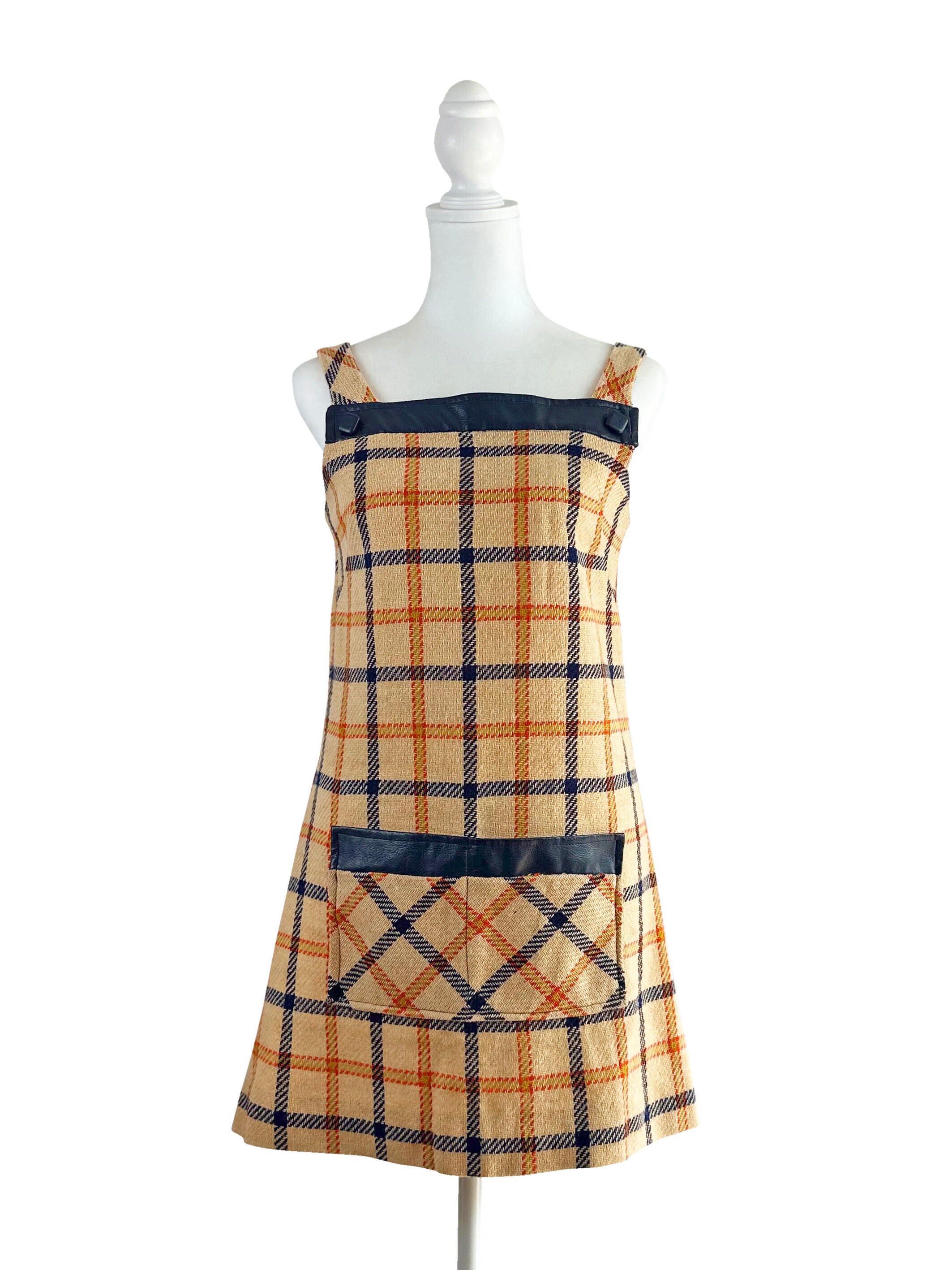 1960s Vintage Judy Bee Mod Overall Micro Mini Dress | 60s Tan Blue Red ...