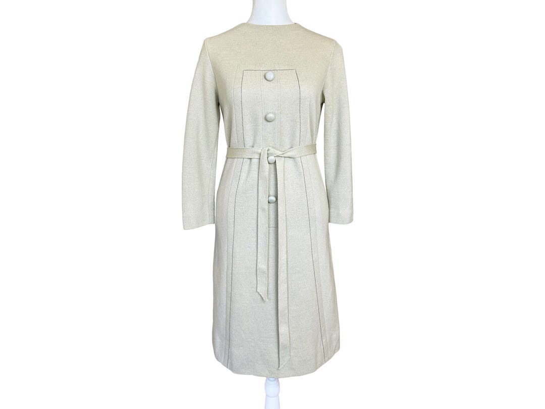 1960s Kimberly Greige Wool Mod Dress | Long Sleeve Beige Tan Gray Shift ...