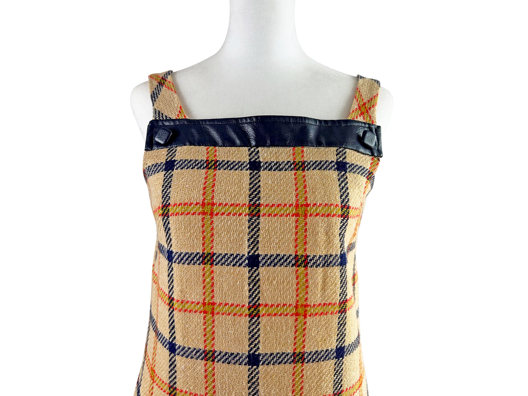 1960s Vintage Judy Bee Mod Overall Micro Mini Dress | 60s Tan Blue Red ...
