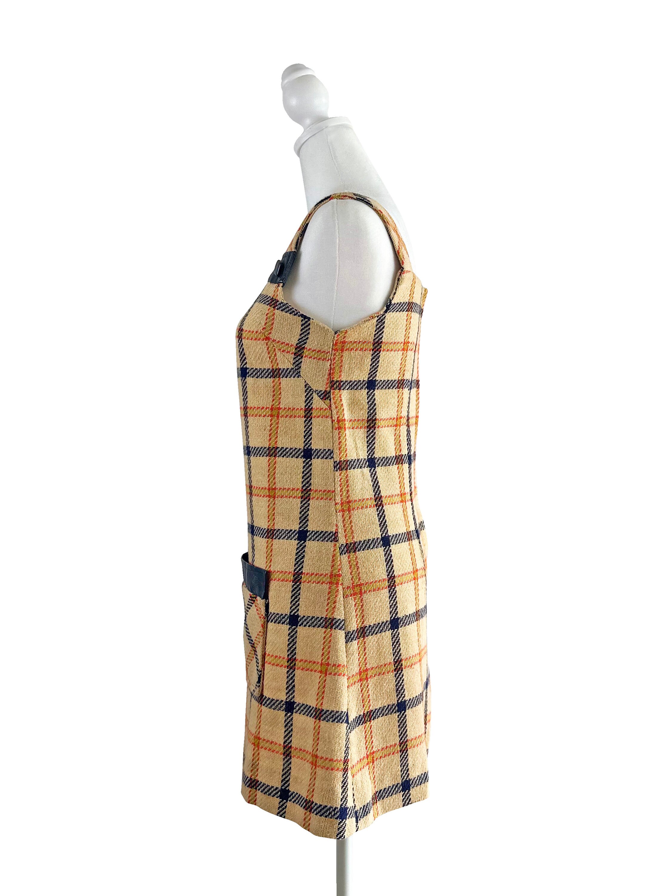 1960s Vintage Judy Bee Mod Overall Micro Mini Dress | 60s Tan Blue Red ...