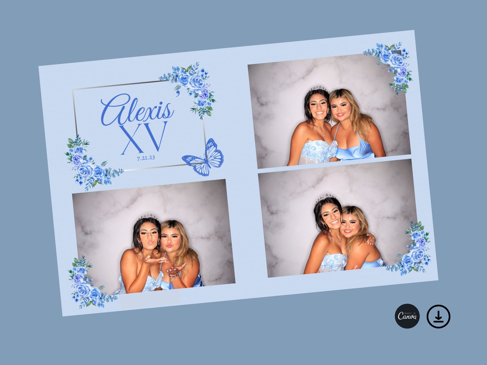 Blue Flower Butterfly Quinceañera Photo Booth Template | 4x6 Blue and ...