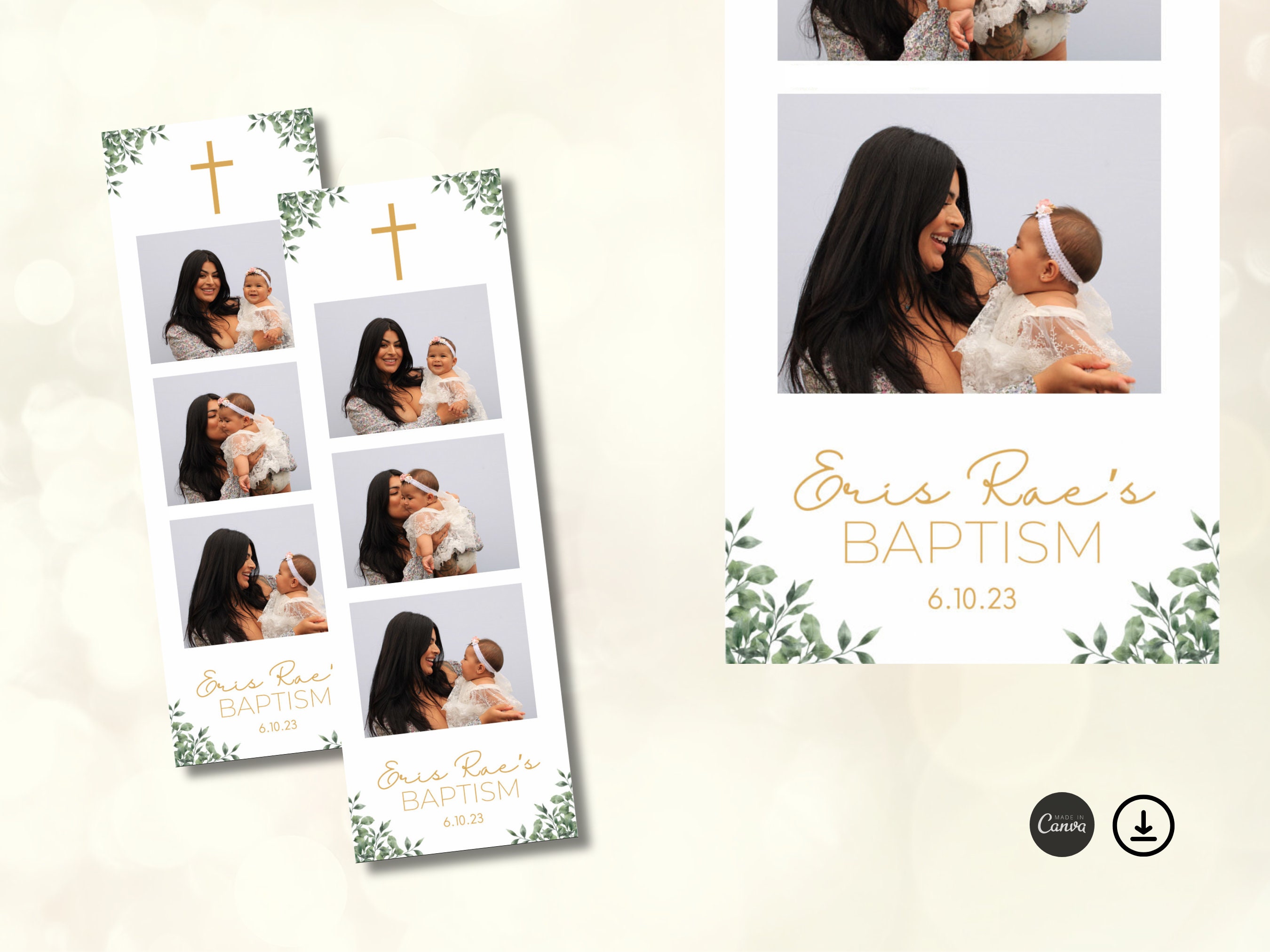 Gold Botanical Baptism Photo Booth Template | 2x6 Photo Strip ...