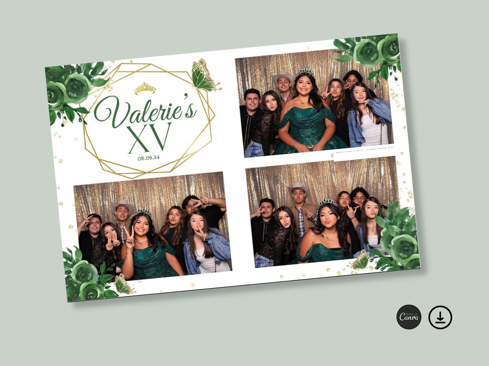 Emerald Green Flower Butterfly Quinceañera Photo Booth Template | 4x6 ...