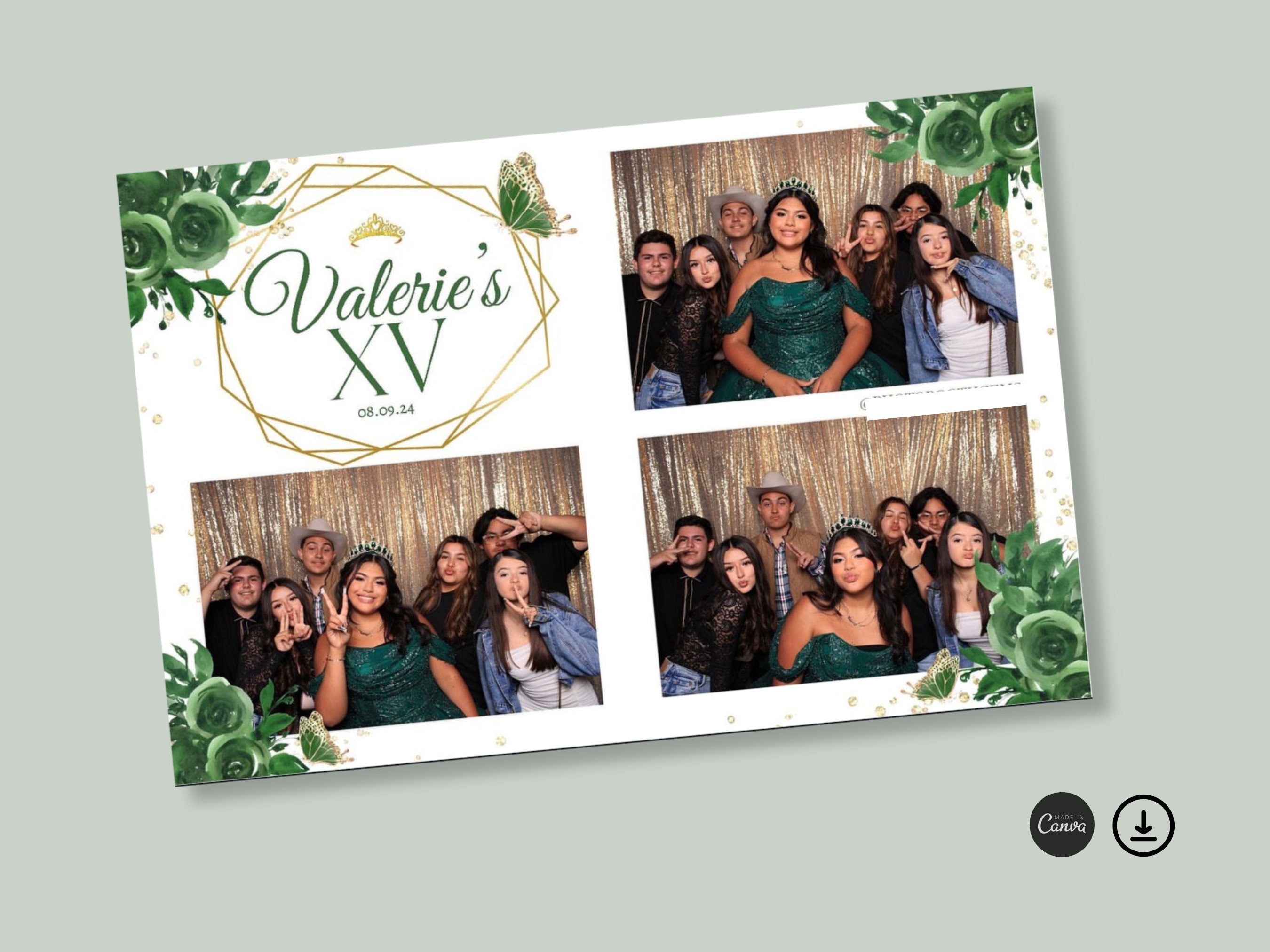 Emerald Green Flower Butterfly Quinceañera Photo Booth Template | 4x6 ...