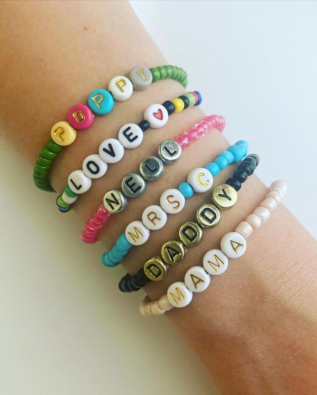 Personalised Name Custom Beaded Word Bracelet | Champagne Gold Silver ...