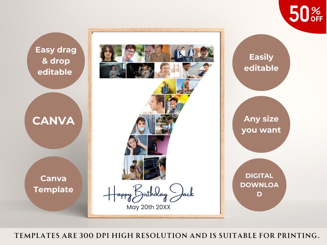 7th Birthday Photo Collage Template, Canva Number 7 Gift (digital ...