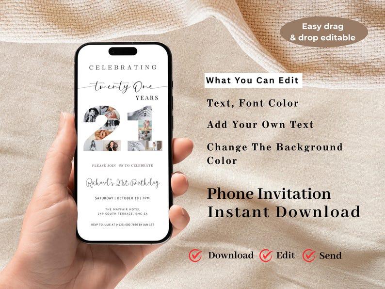 21st Birthday Digital Party Invitation, Birthday Party Digital Evite ...