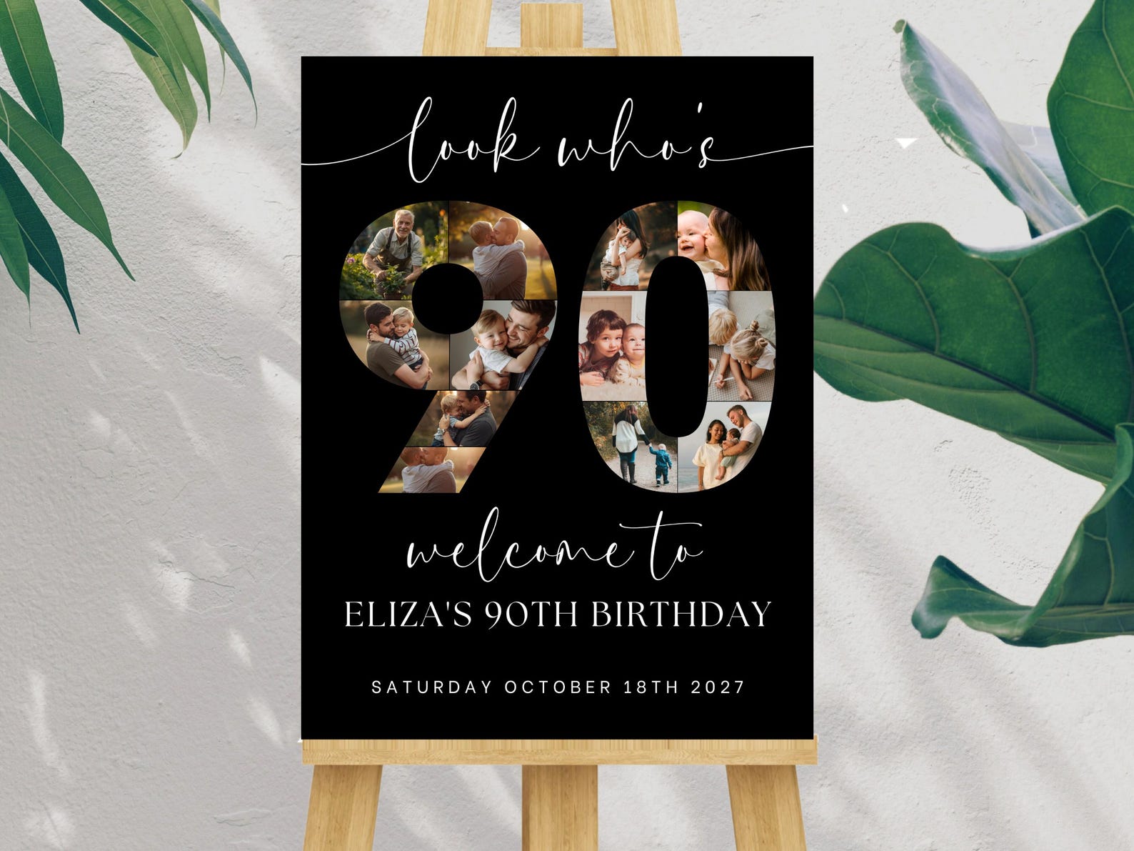 Black 90th Birthday Photo Collage Editable Template Welcome Sign ...