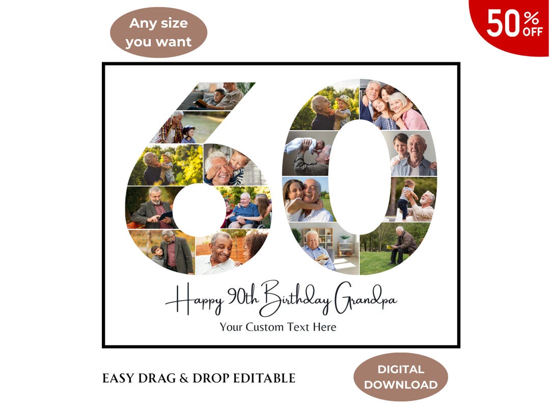 60th Birthday Number 60 Editable Photo Collage Printable Template 60th ...