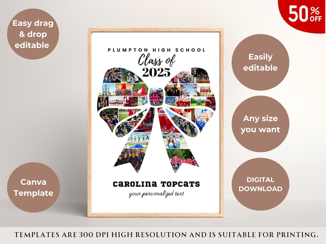 Hair Bow CHEER Photo Collage Frame Editable TEMPLATE Sports Team Poster ...