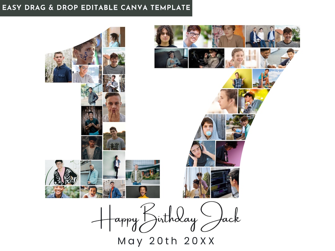 17th Birthday Number 17 Photo Collage Printable Canva Frame Template ...