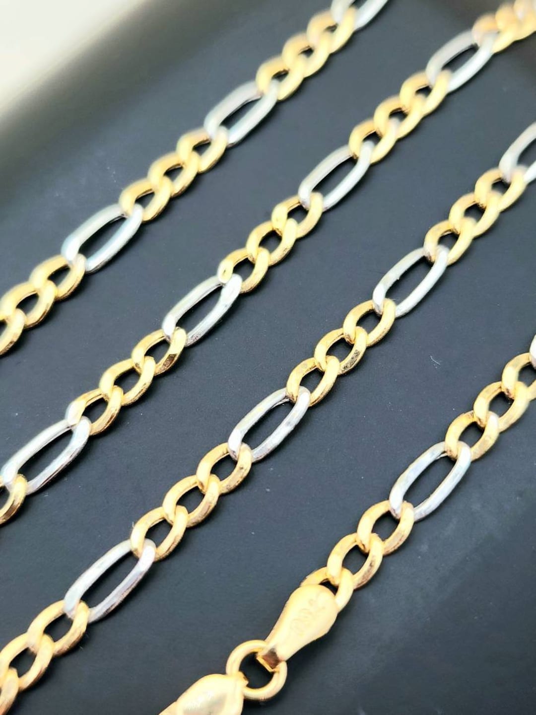 18k Gold Figaro Chain in White and Yellow Gold. 4mm. REAL GOLD ...