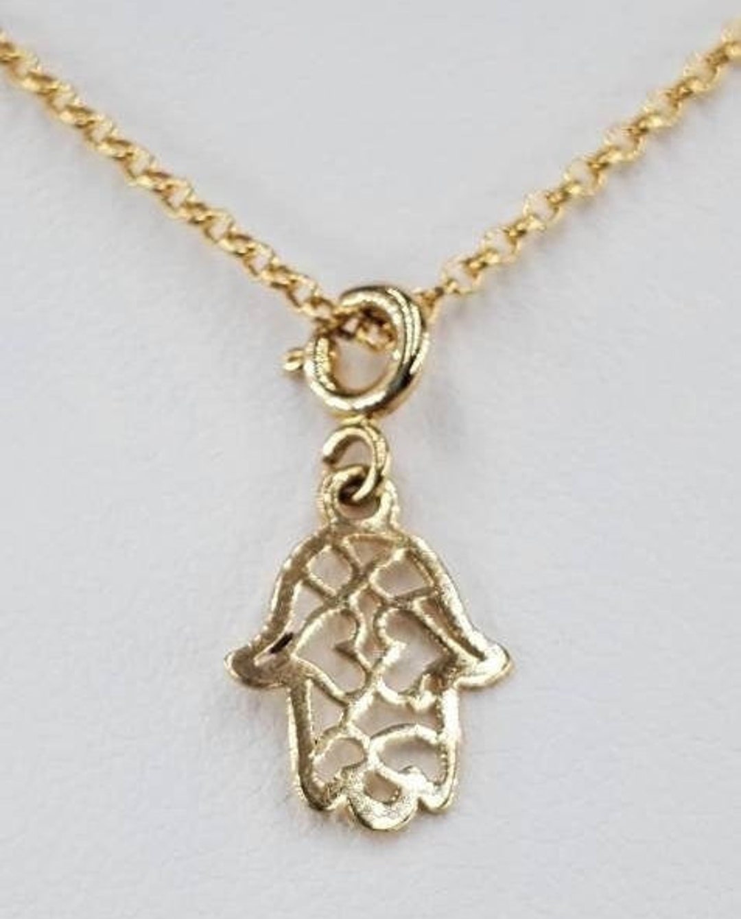 14k Gold Hamsa Hand Pendant on 14k Gold Cable Chain Necklace. REAL GOLD ...