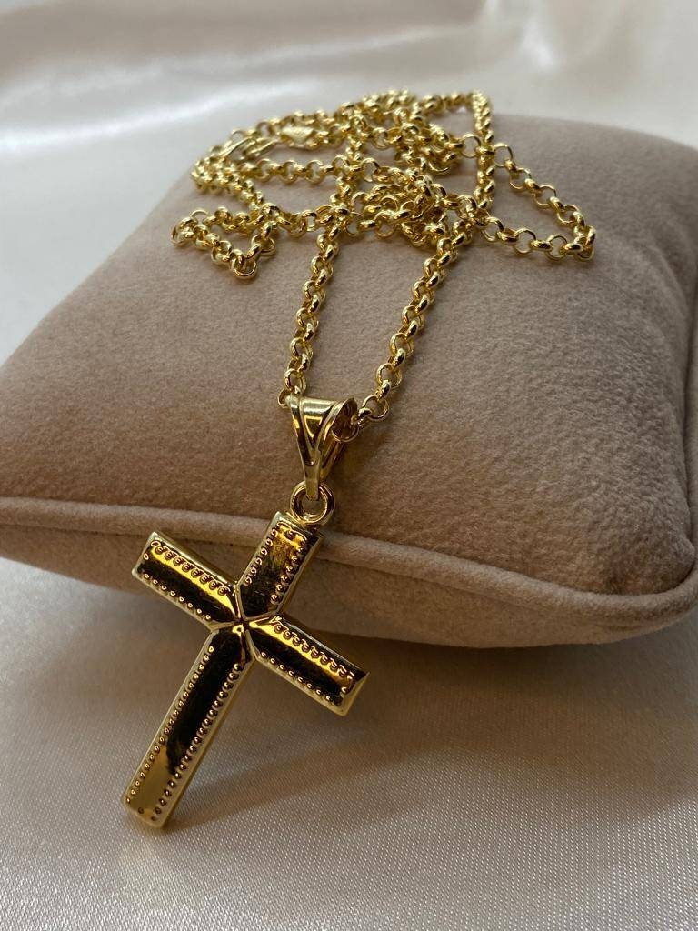 14k Solid Gold Cross Pendant on 14k Gold Rolo Chain. REAL GOLD ...