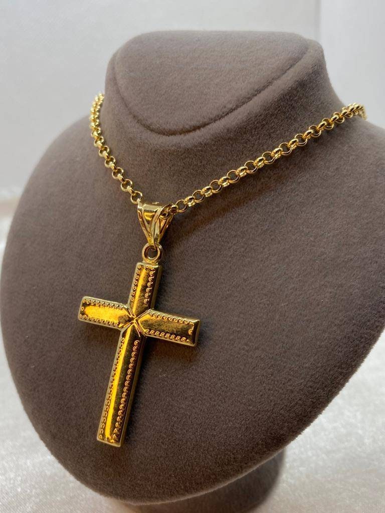 14k Solid Gold Cross Pendant on 14k Gold Rolo Chain. REAL GOLD ...